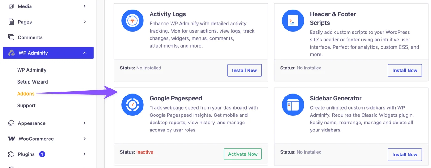 Google PageSpeed Insights Addon Installation - WP Adminify
